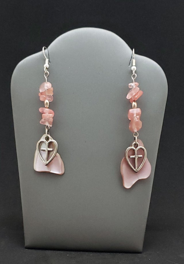 Beaded Pink Mussel Shell earrings w/Cross in Heart charm and cherry ...